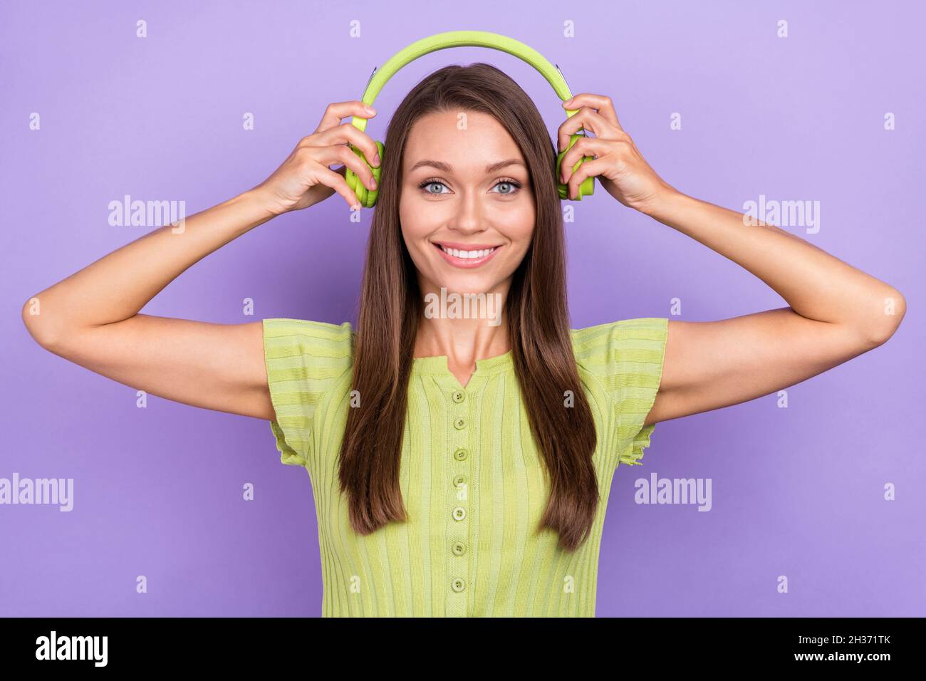 Photo of cheerful positive woman put head headphones music lover smile ...