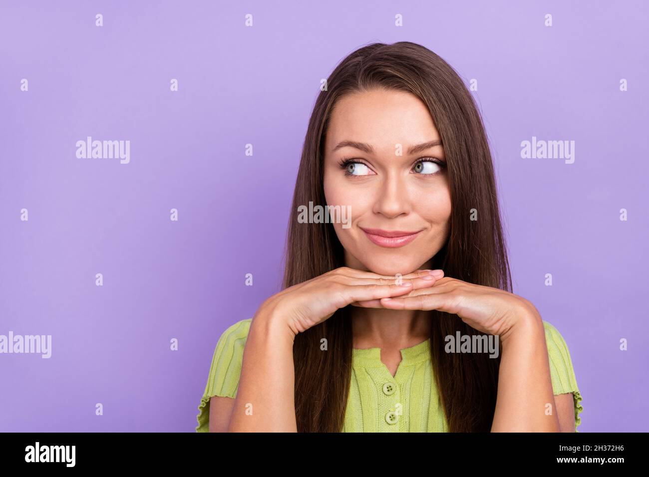 Portrait of attractive foxy cunning cheerful girl thinking copy space ...