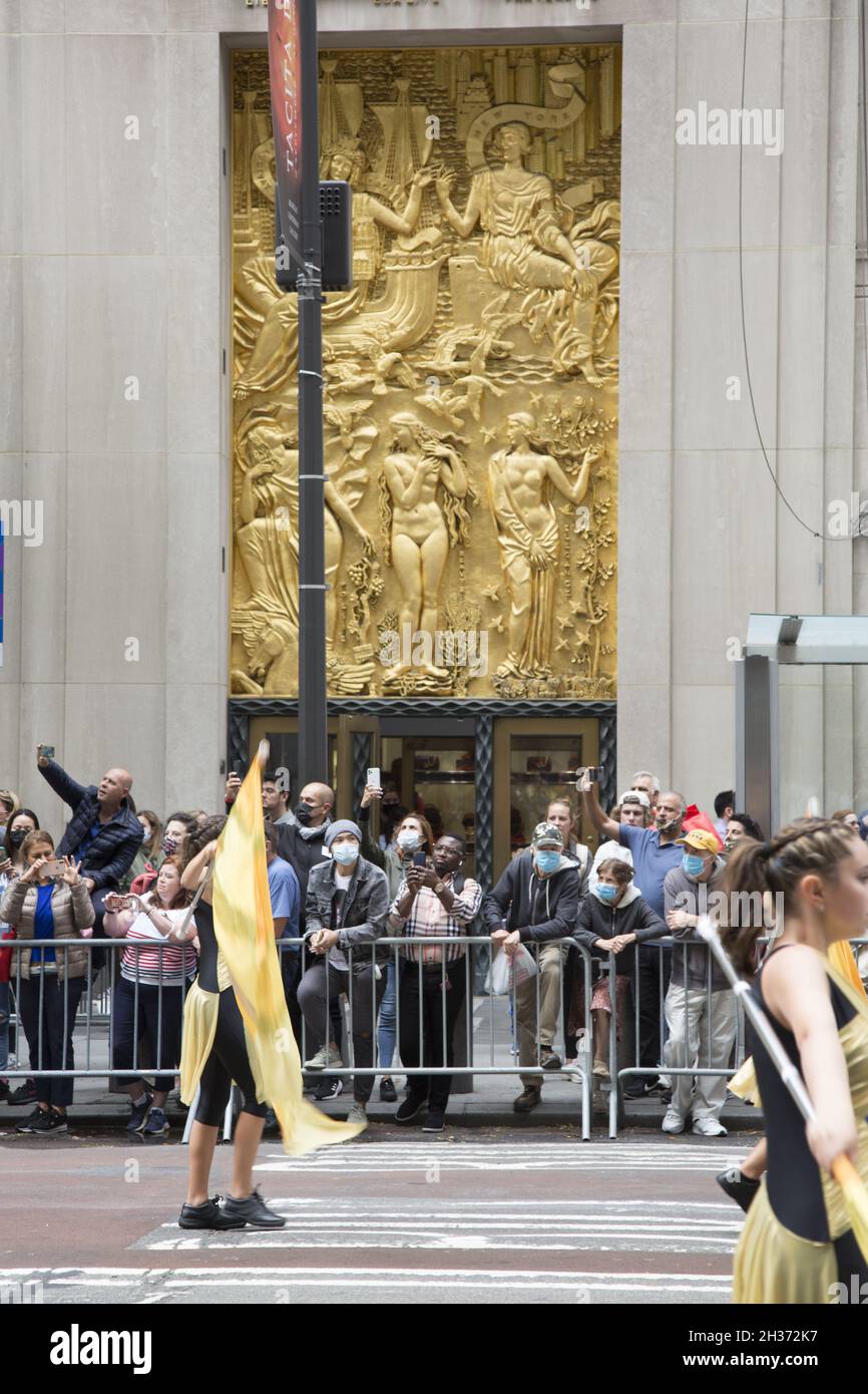Spectators in front of Rockefeller Center watch the 2021 Columbus Day ...