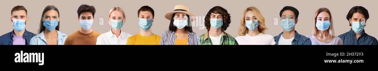 Social distancing concept. Portraits of multiracial people in medical ...