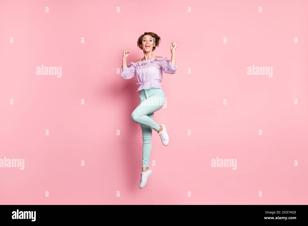 Full size photo of young lovely happy excited good mood girl jumping in ...