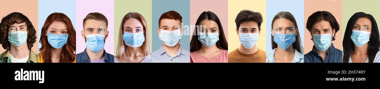 Collage of various young people wearing surgical disposable masks over ...