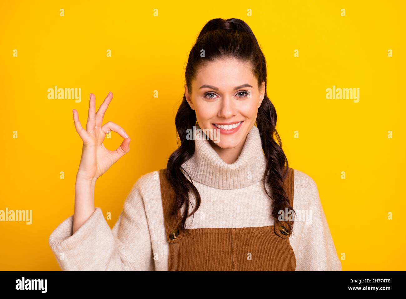 Portrait of attractive cheerful girl showing ok-sign ad solution ...