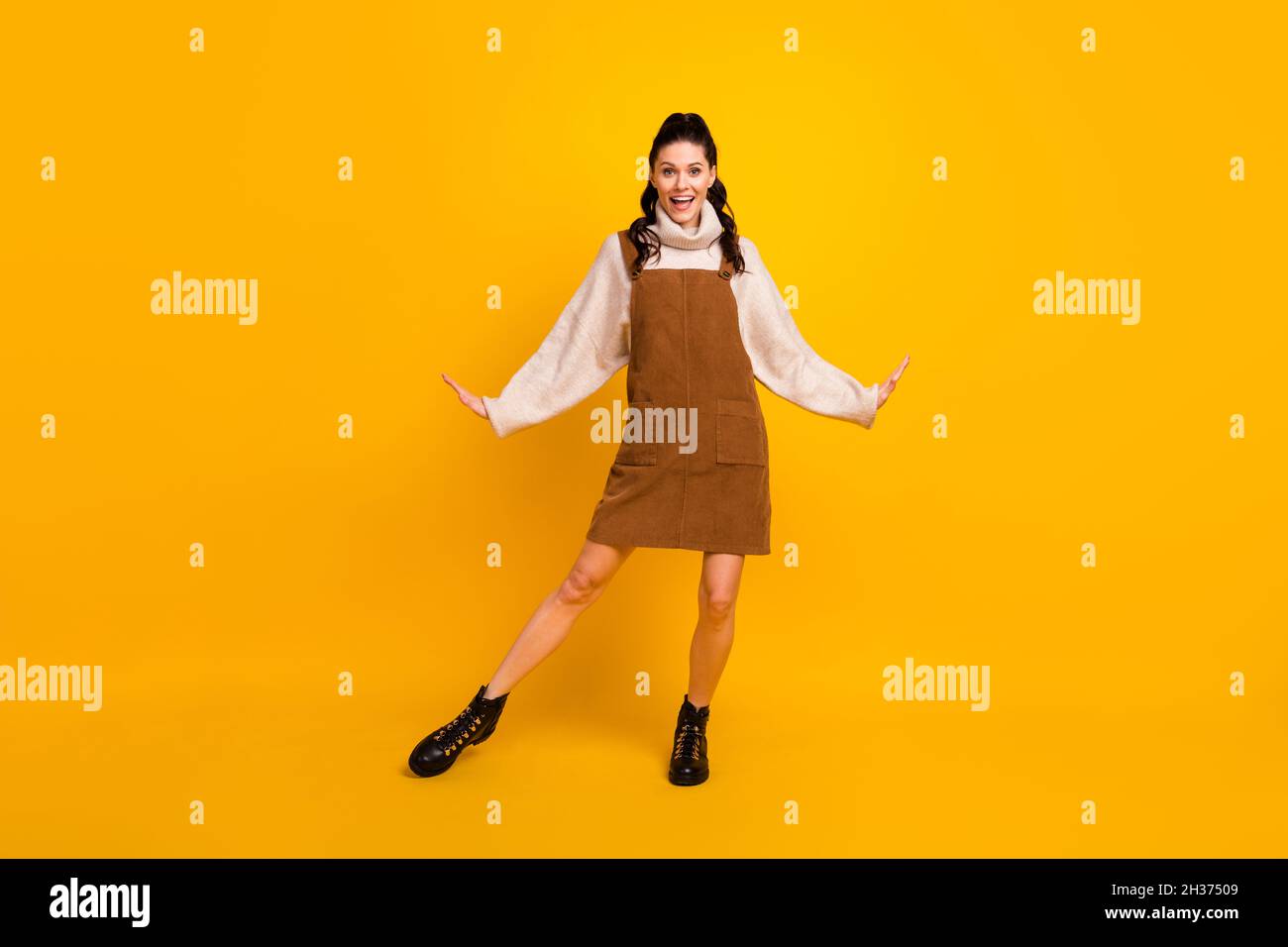 Full Size Photo Of Nice Brunette Optimistic Curly Hairdo Lady Dance
