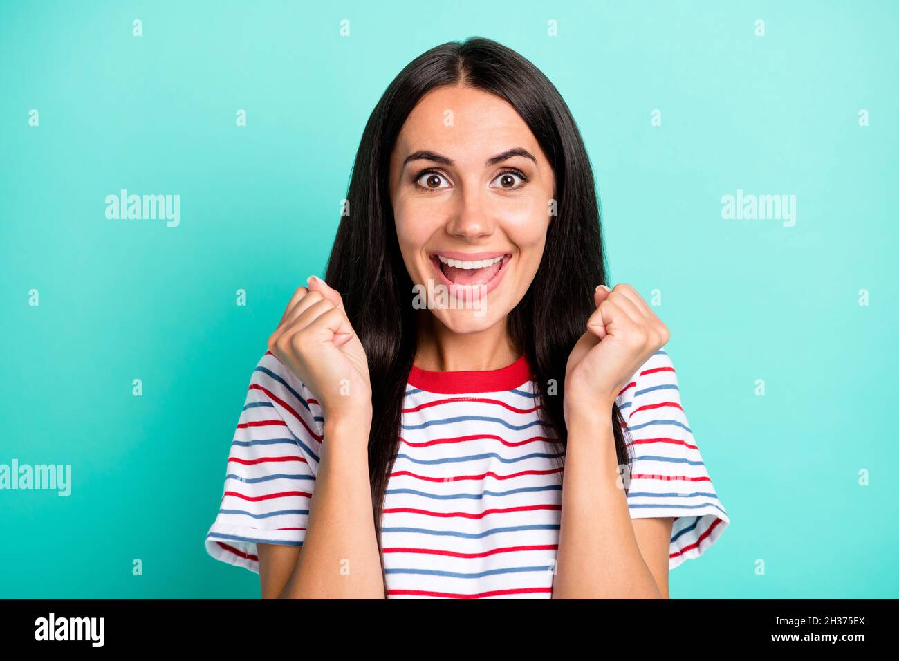 Photo of crazy excited lady look camera open mouth raise fists wear ...