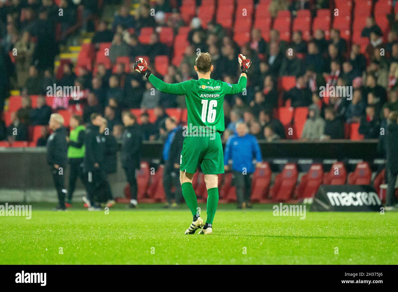 Aalborg, Denmark. 25th Oct, 2021. Goalkeeper Mikkel Andersen (16) of ...