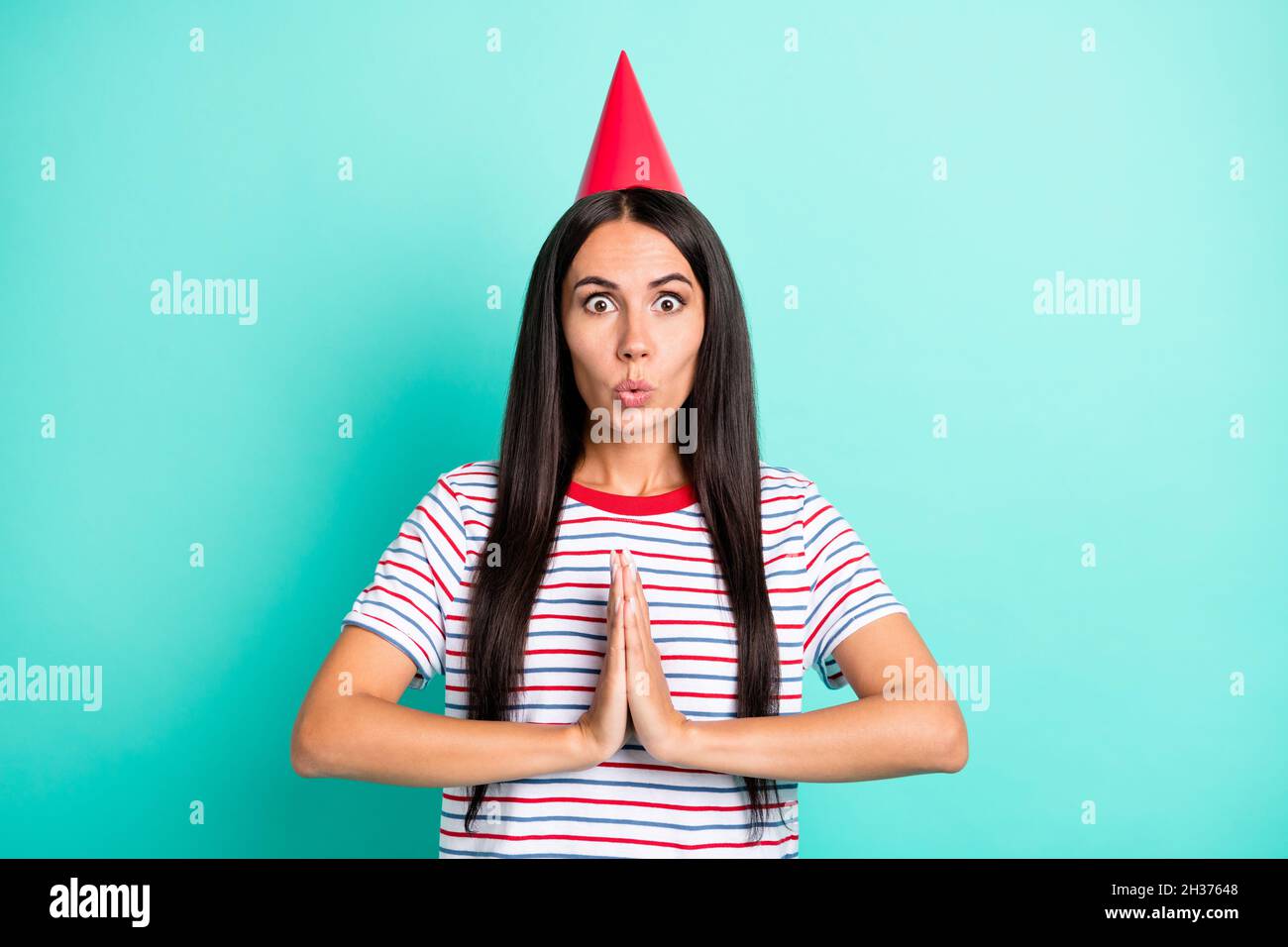 Portrait of shocked young person arms palms together pleading look ...