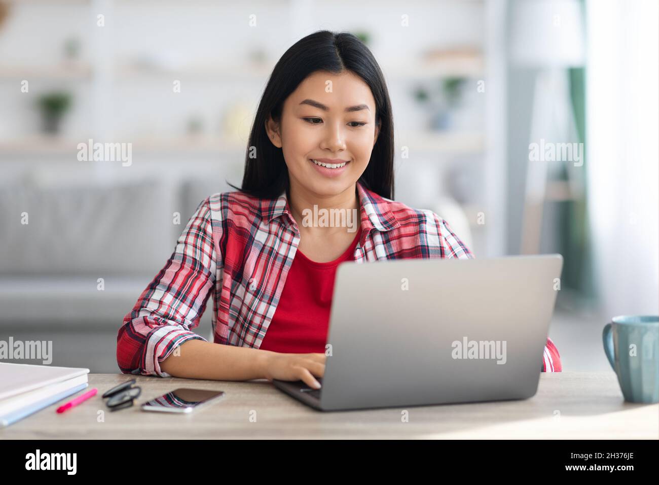 Distant Learning. Young Beautiful Korean Female Student Study With ...