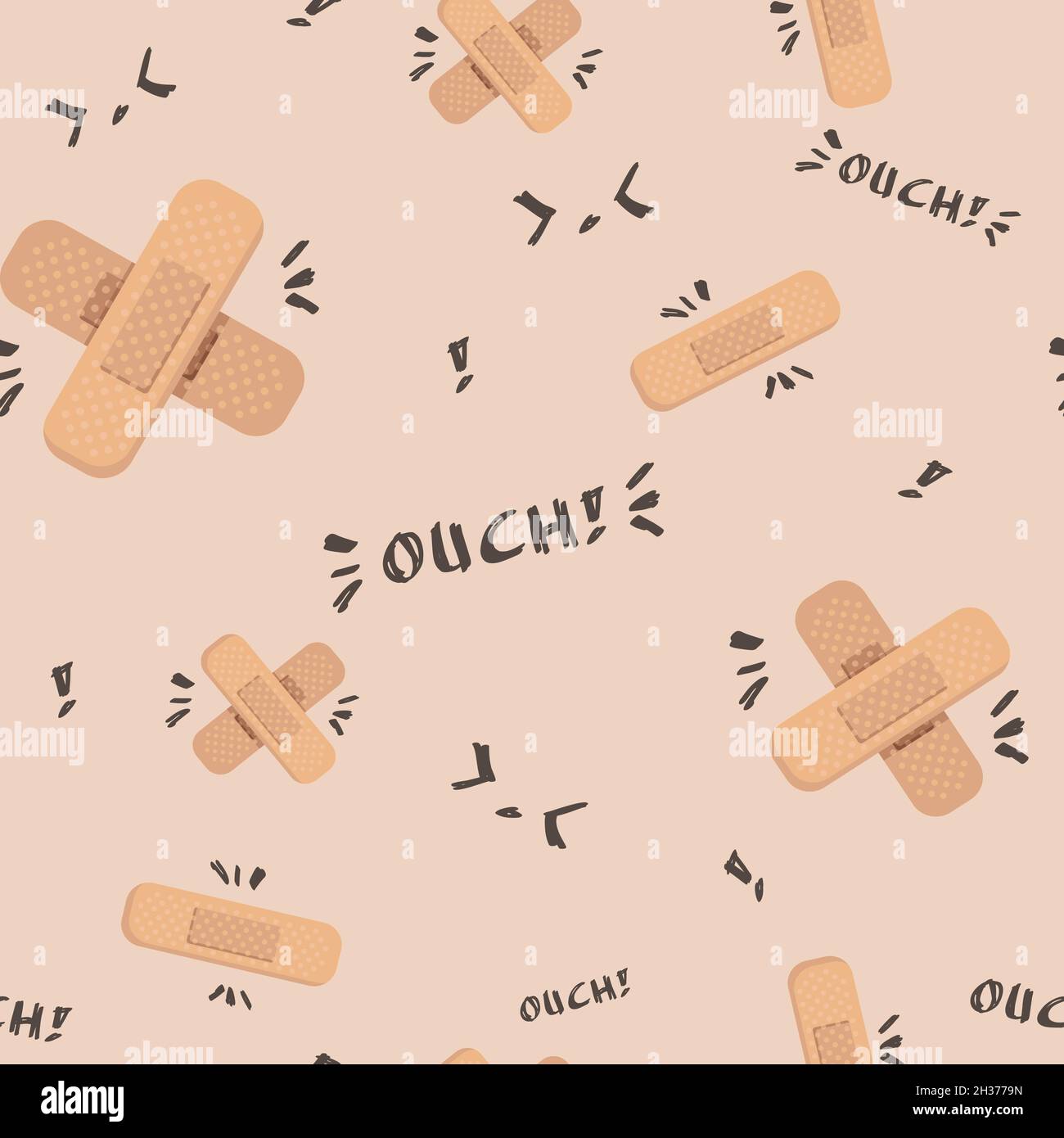 Seamless pattern of adhesive bandage, text and abstract forms in a flat ...