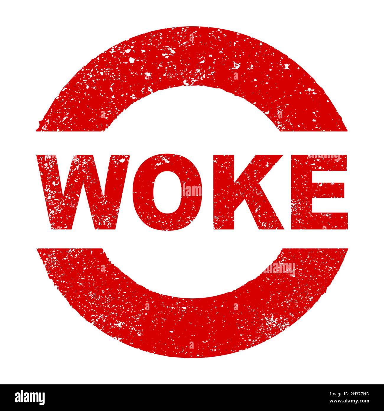 A red grunge rubber ink stamp with the text WOKE over a white ...