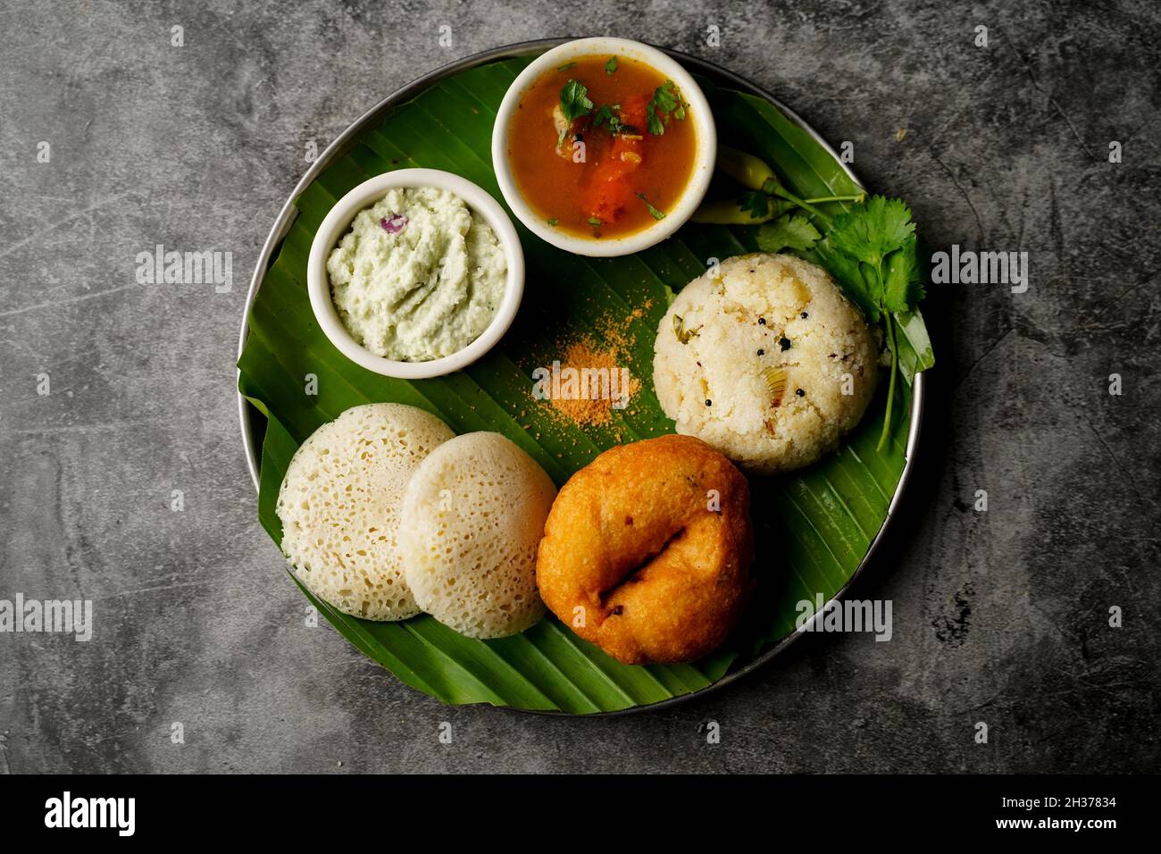 Vegetarian South Indian breakfast thali - Idli vada sambar chutney upma ...
