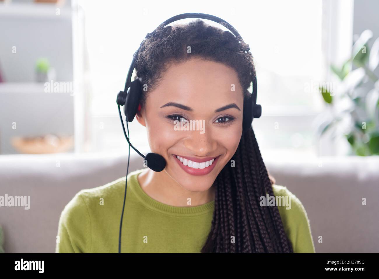 Photo of young happy charming afro american woman wear headphones mic ...