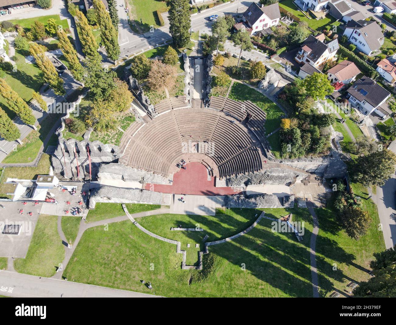 Drone view at the roman amphitheater of Augusta Raurica at Augst on ...