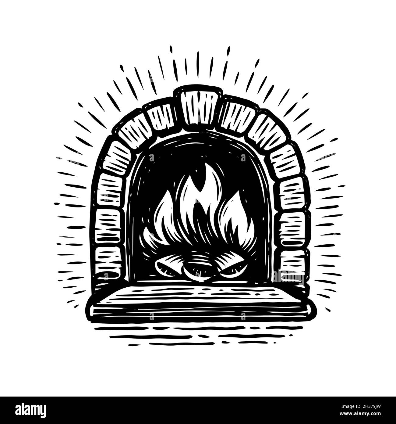 Stone wood burning stove with open fire. Hand drawn fireplace vector ...