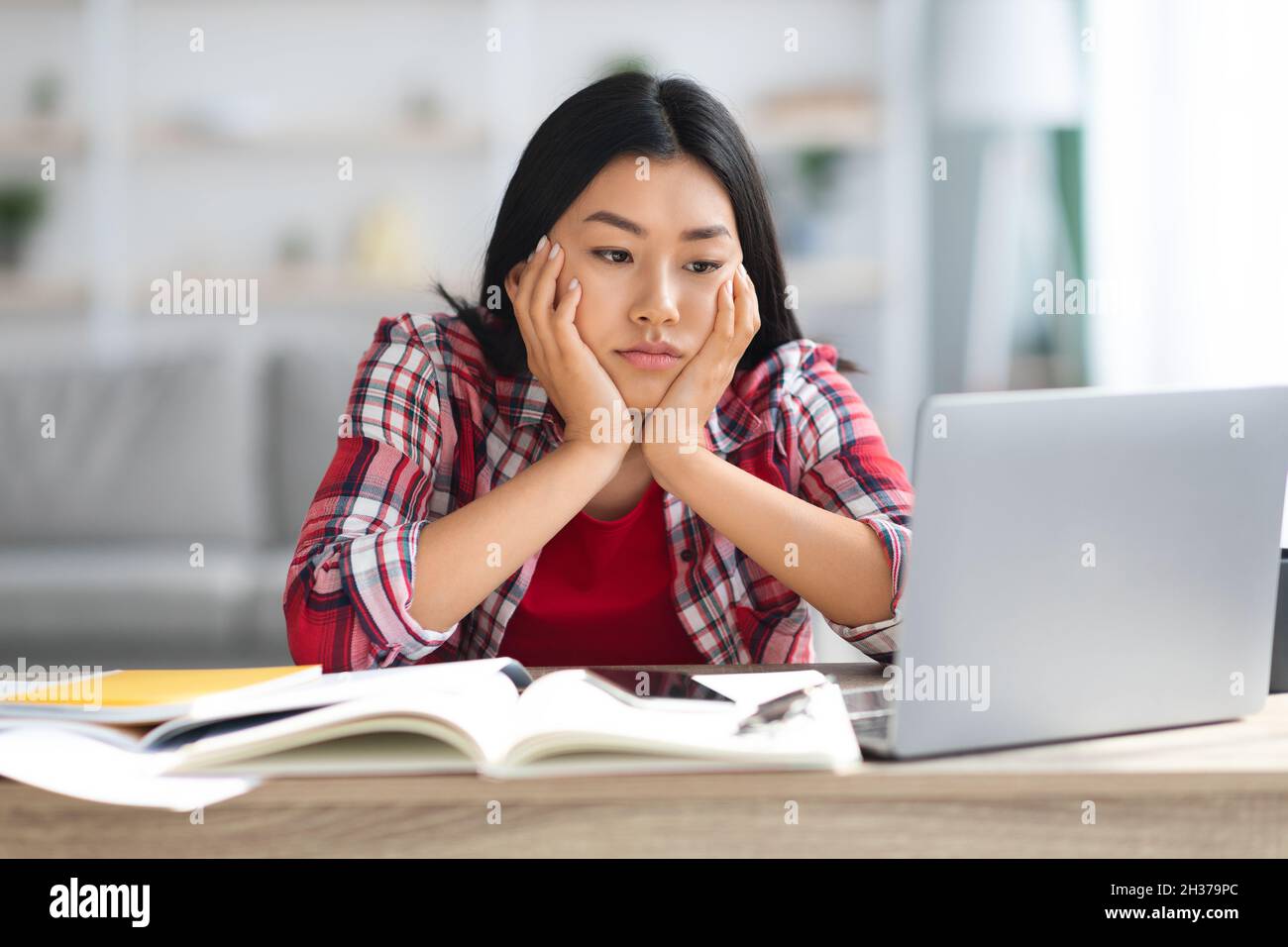 Online Education Problems. Tired Young Asian Student Lady Looking At ...