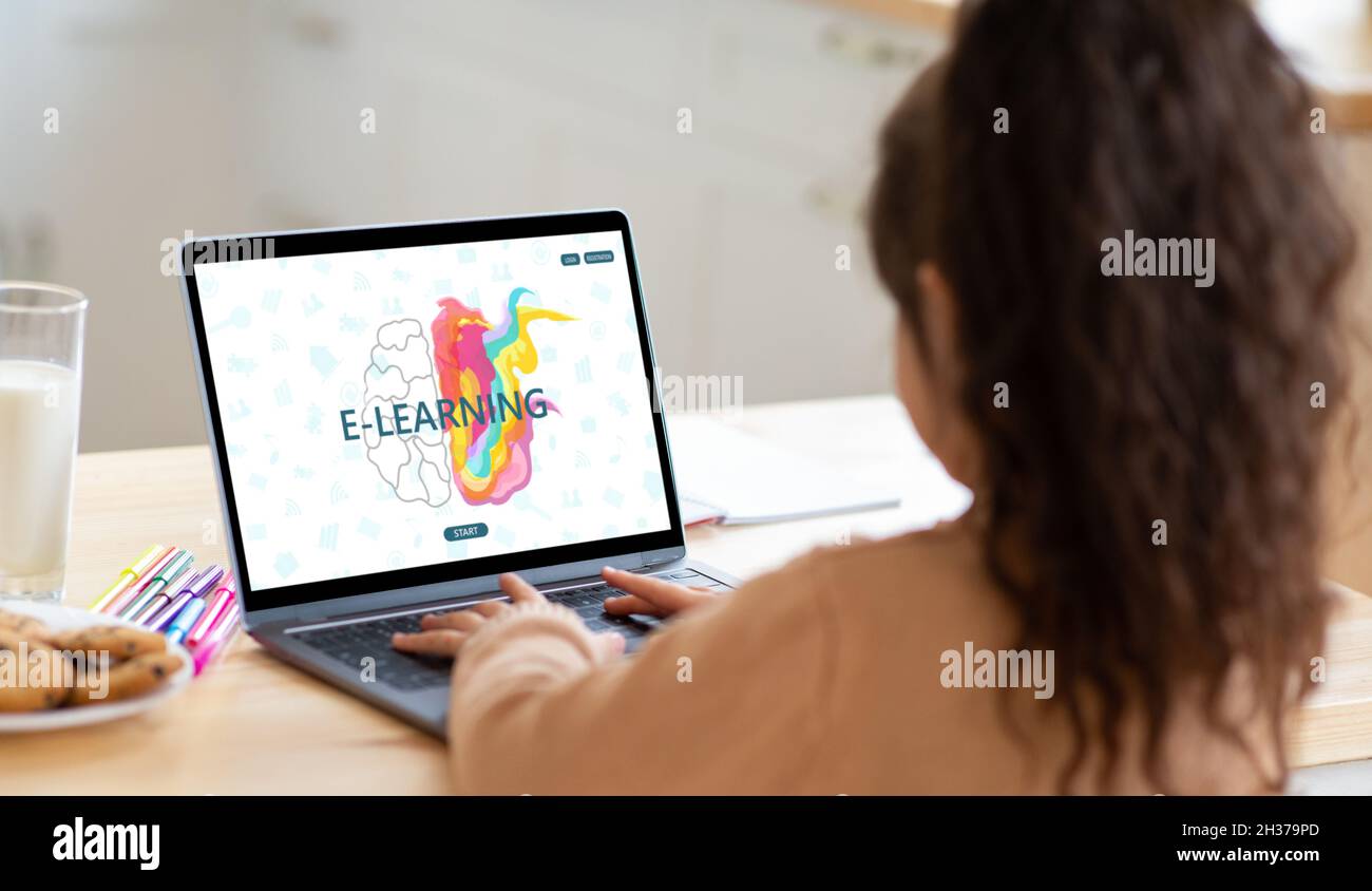 Unrecognizable teenage girl pupil studying online at home, collage with ...