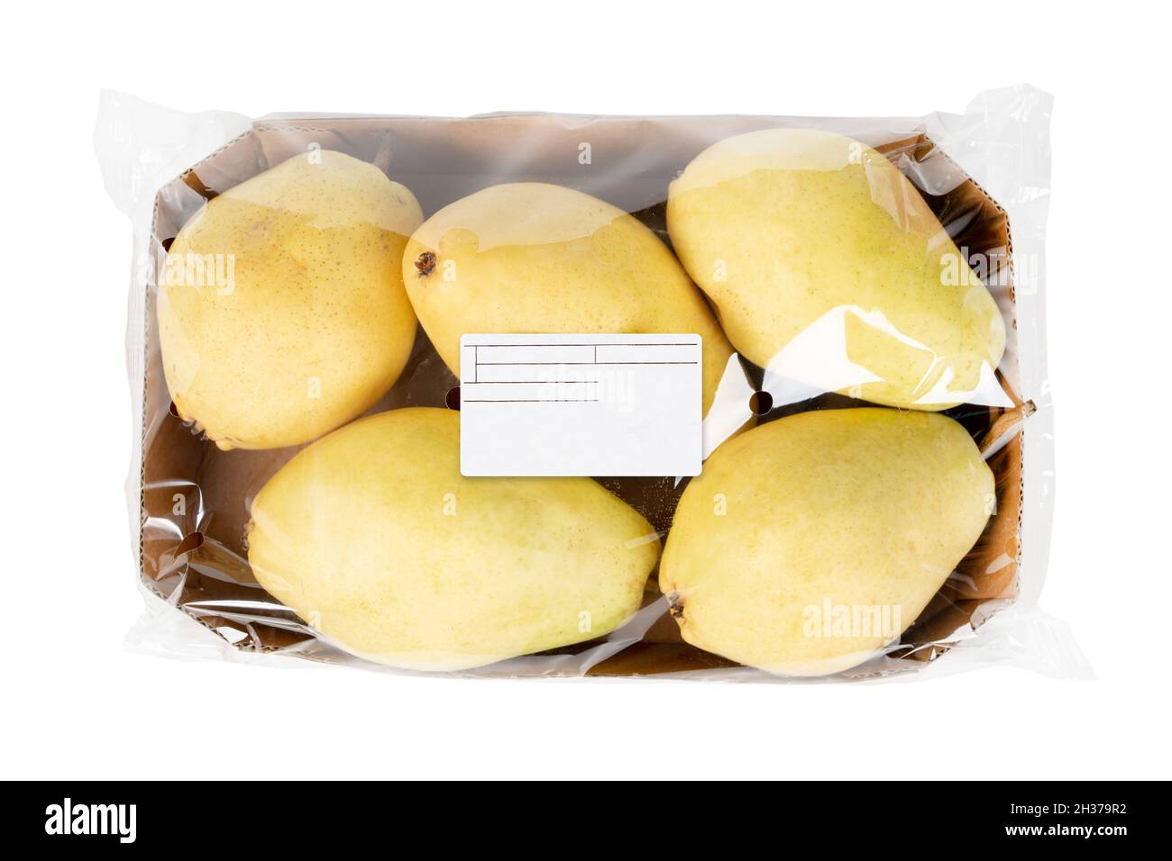 Packed and labeled yellow pear on isolated white background Stock Photo ...