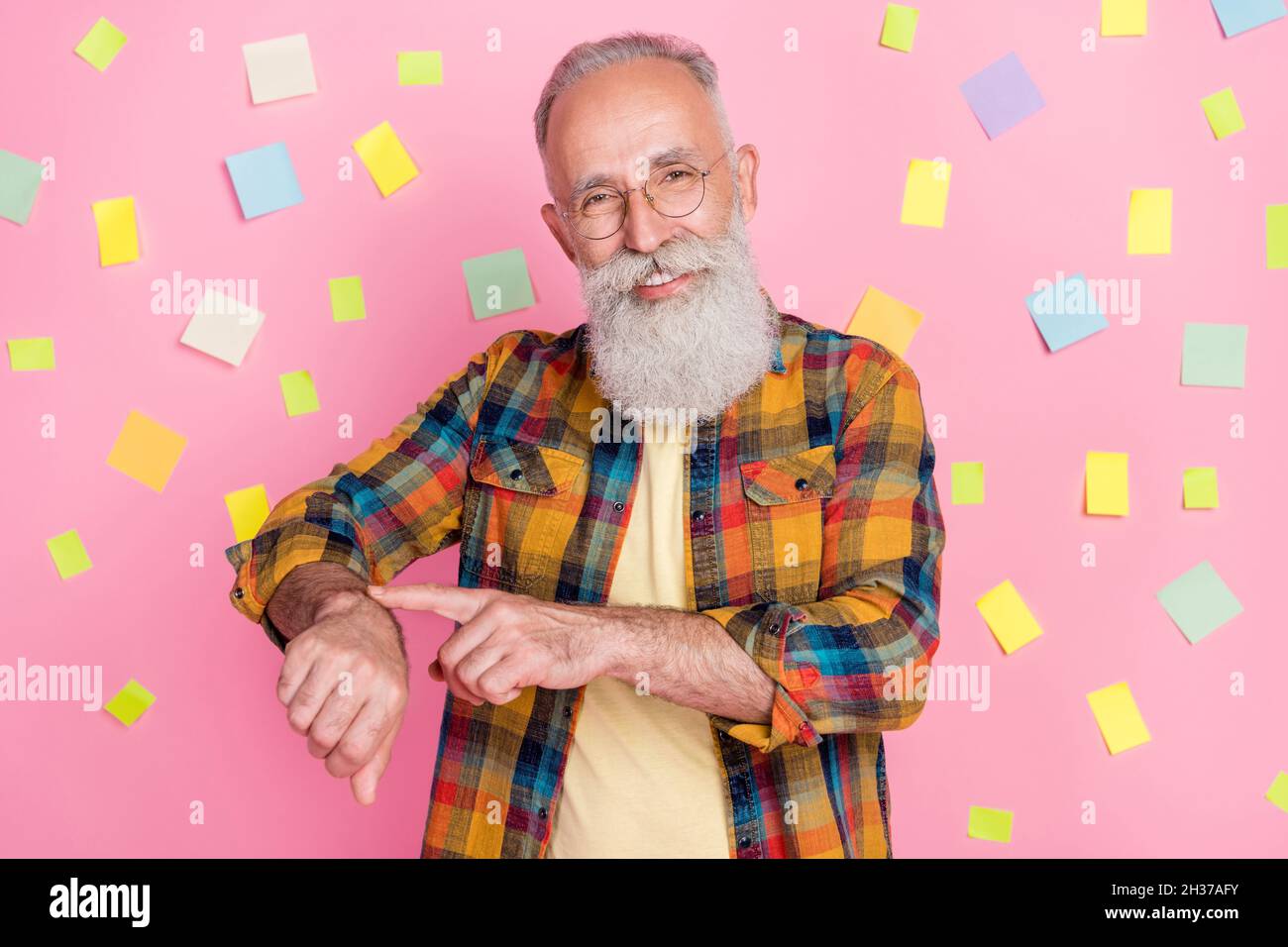Photo of good white beard elder man show time wear shirt spectacles ...