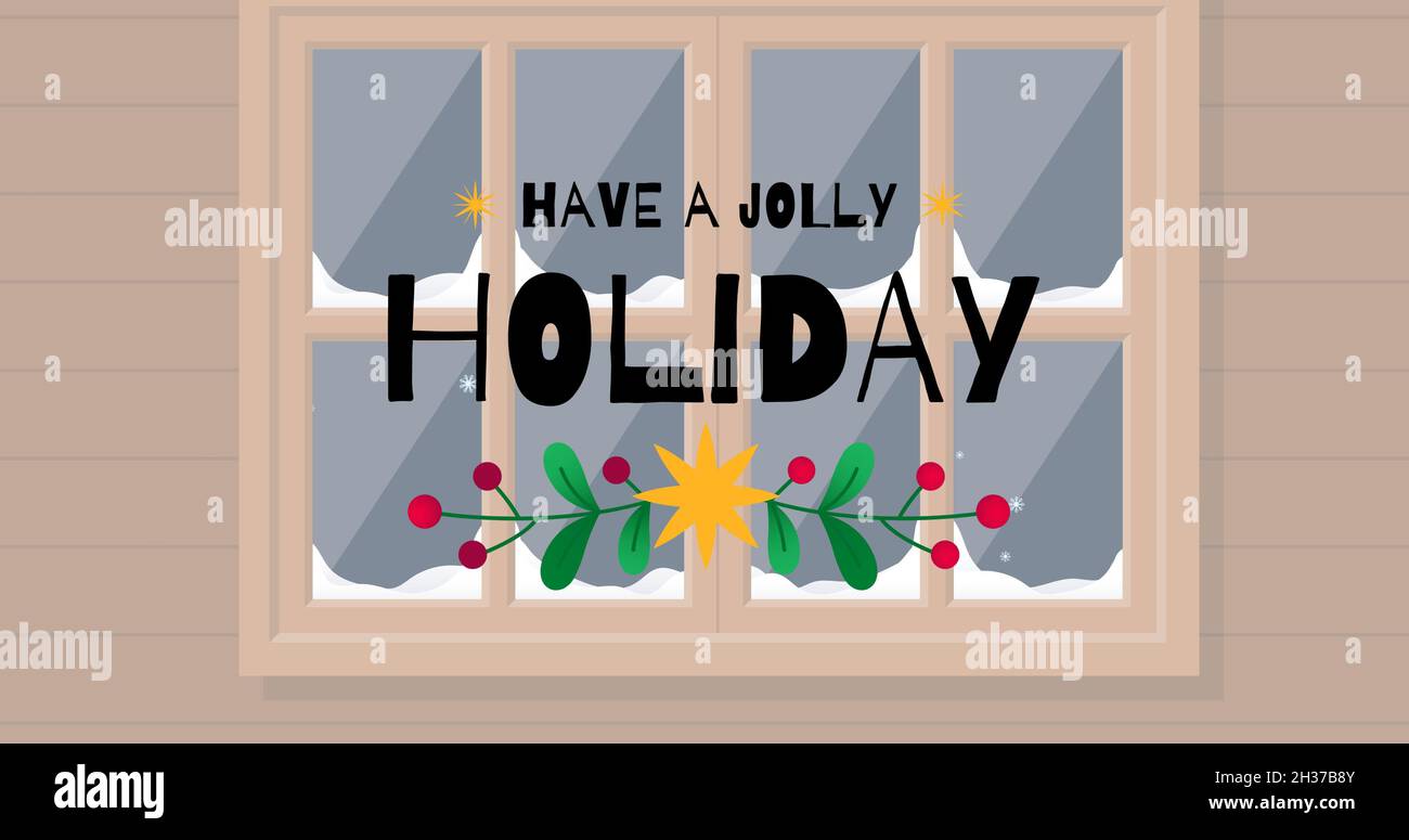 Composition of have a jolly holiday text over christmas decorations and ...