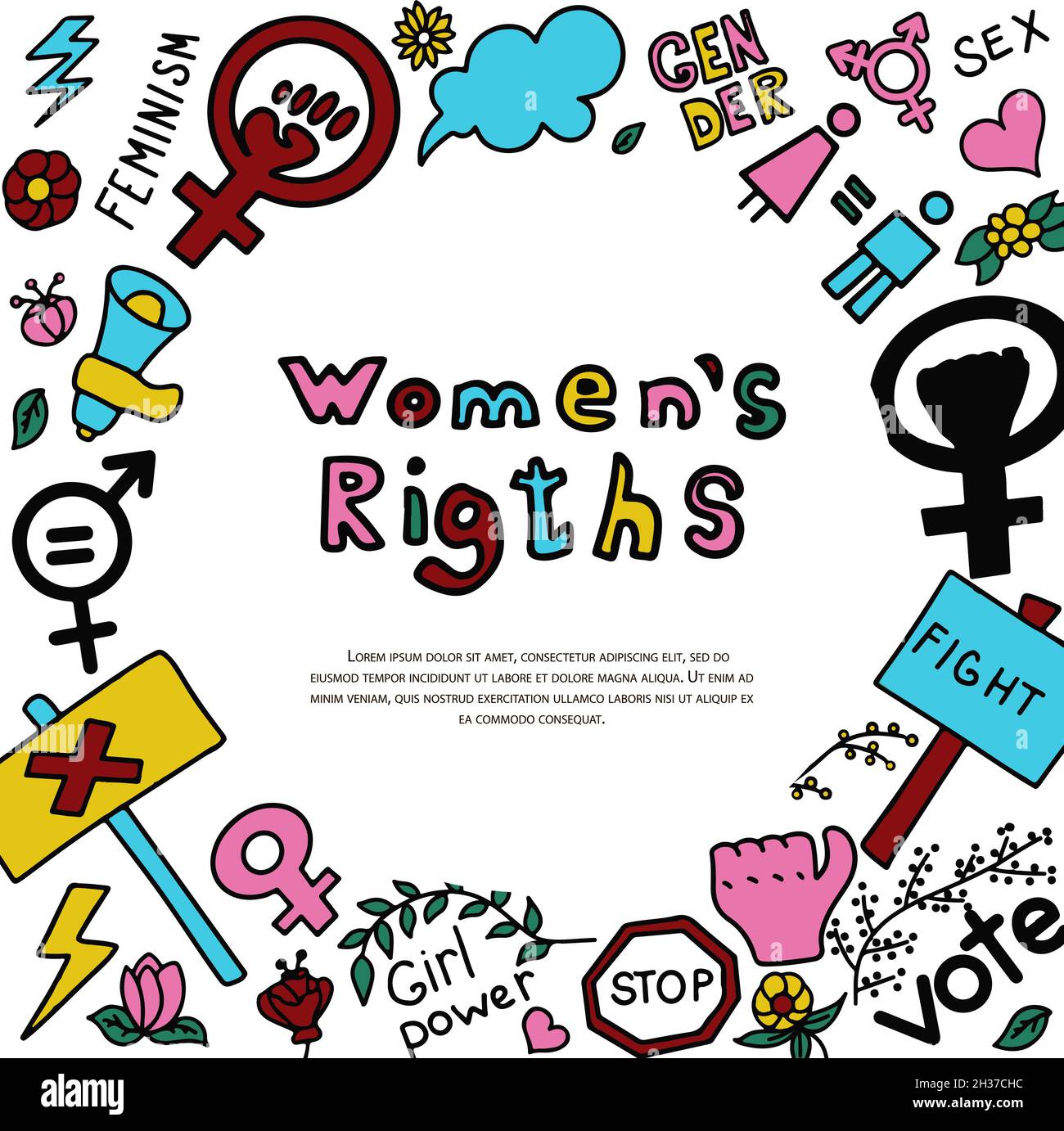 A set of doodle signs of feminism, women s rights. Grunge hand drawn ...