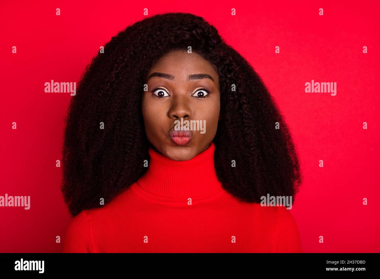Photo of young attractive african woman pouted lips send air kiss love ...