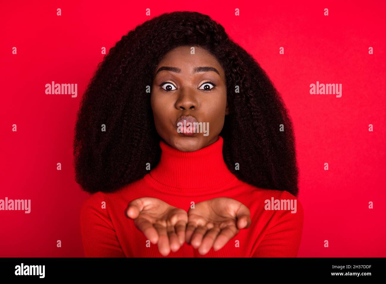 Photo of young attractive african woman pouted lips send air kiss ...
