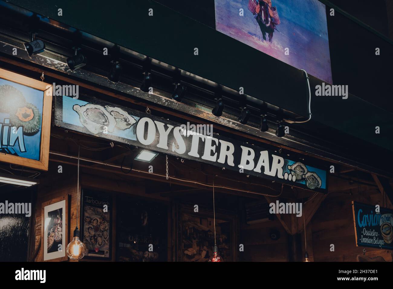 London, UK - October 17, 2021: Sign on an oyster bar in Borough Market ...