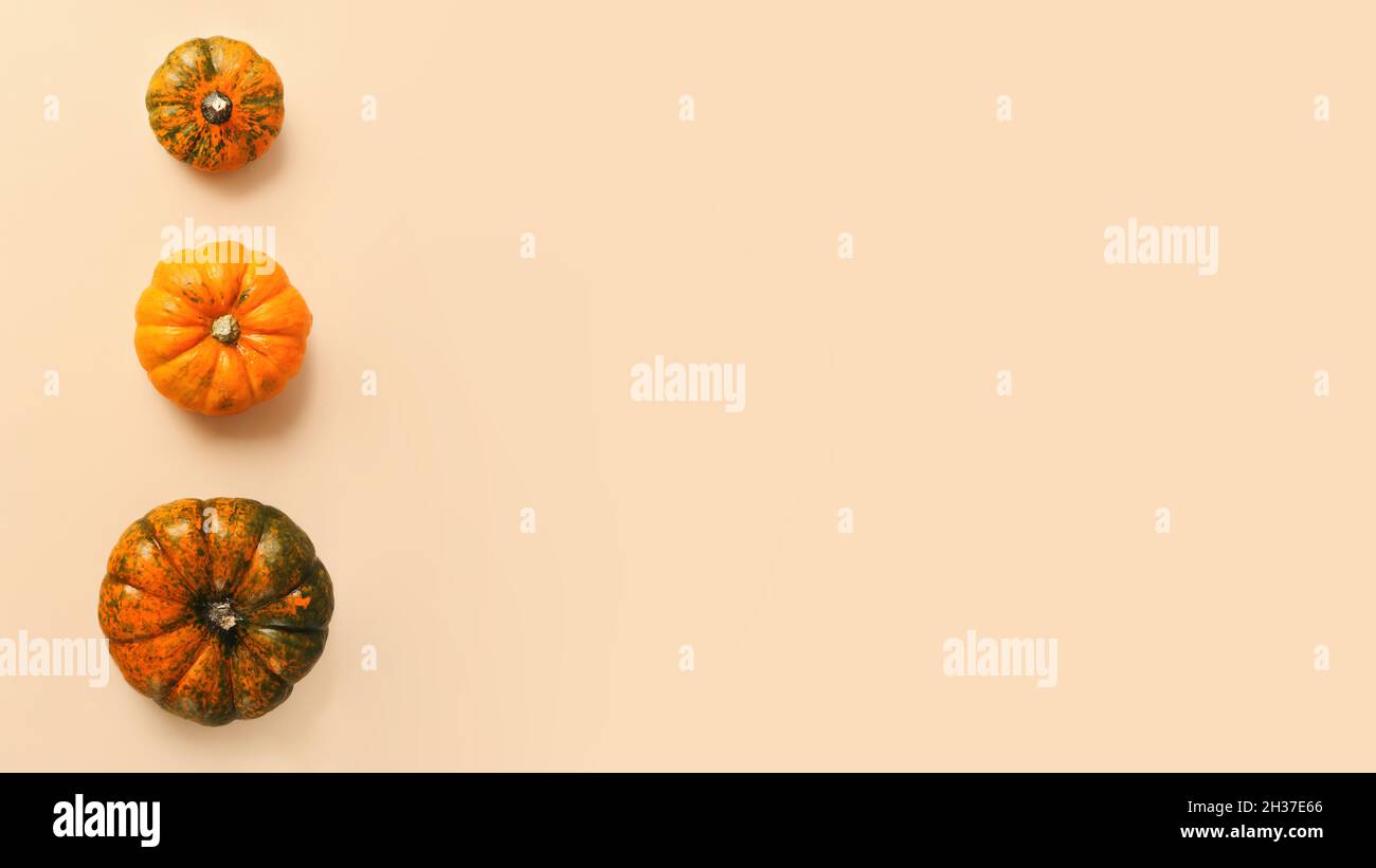 Three different sized pumpkins - from small to big on the beige ...