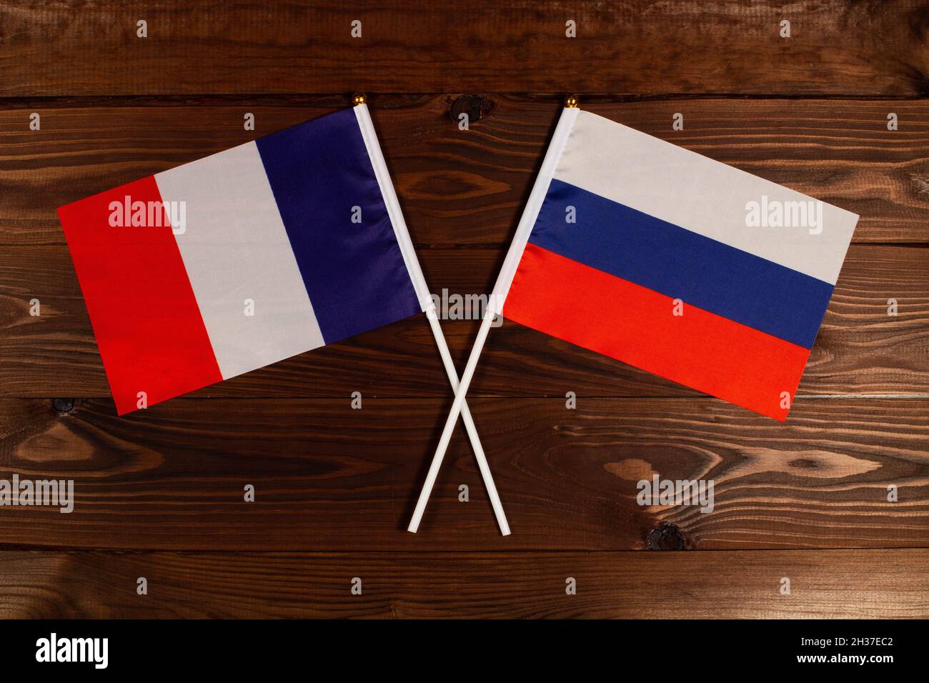 Flag of France and flag of Russia crossed with each other. France vs ...