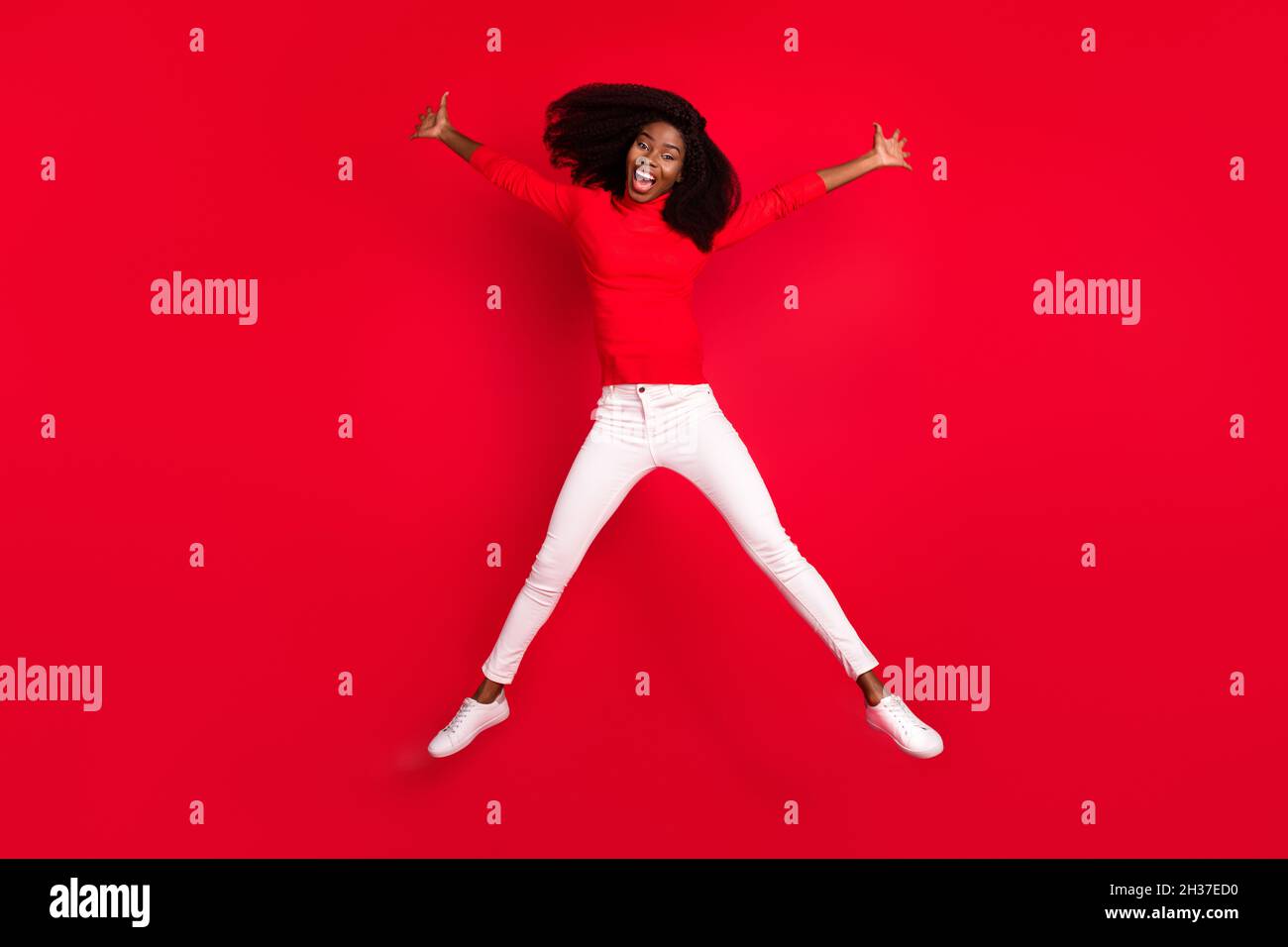 Full size photo of young african woman happy positive smile have fun ...