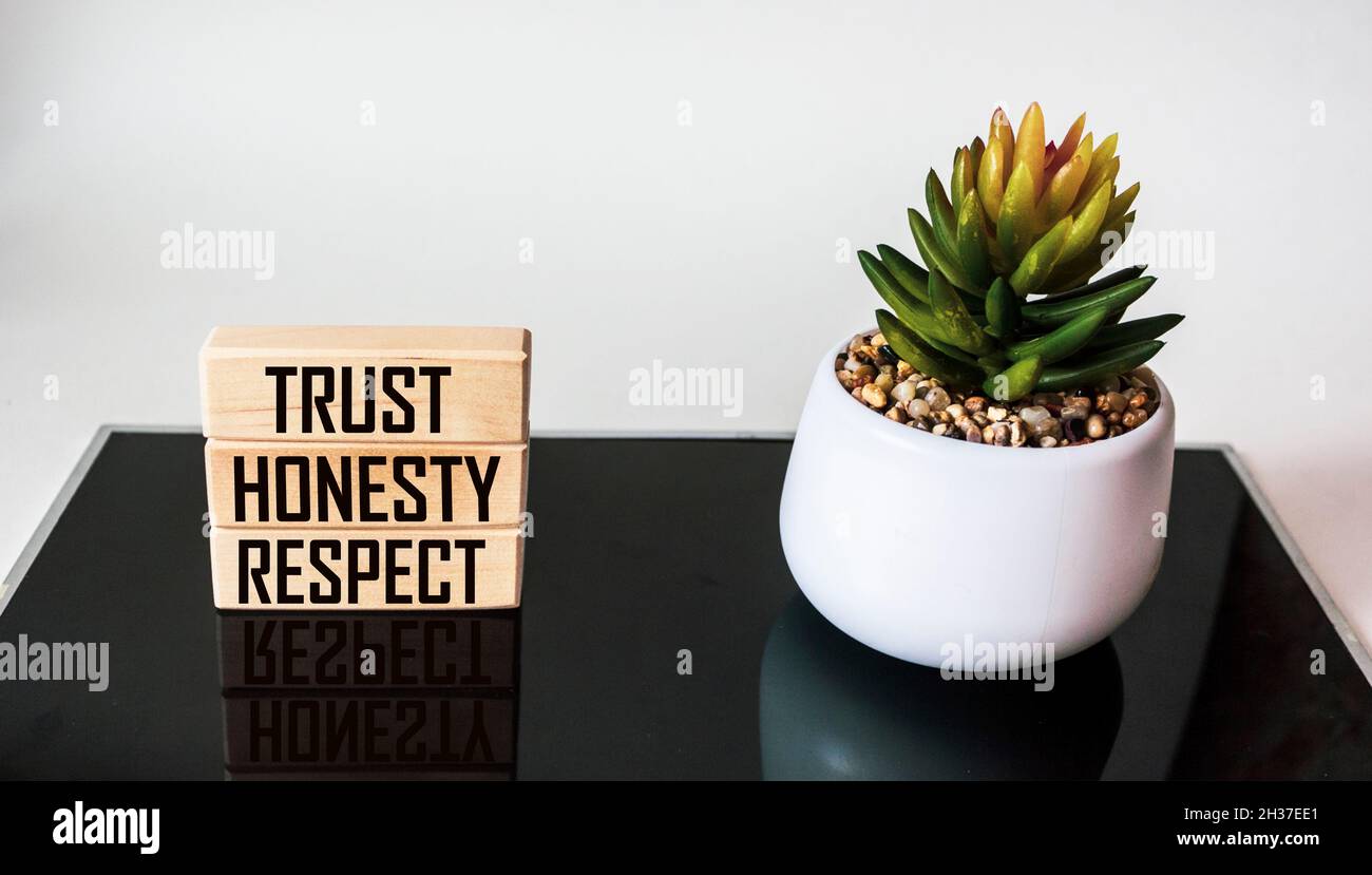 trust, honesty, respect - separate words on wooden and black and white ...