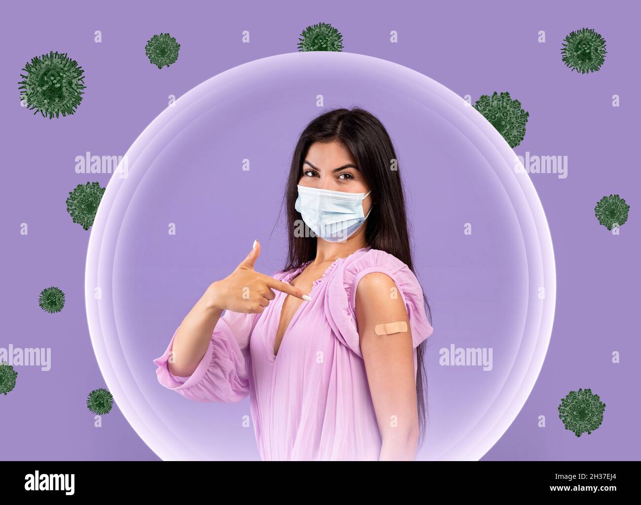 Cheerful caucasian millennial woman in protective mask shows band aid ...