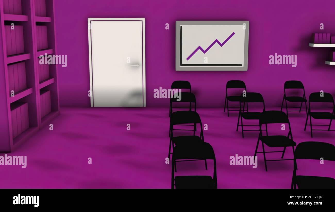 Interior of conference hall in pink colors with chairs, board with a ...