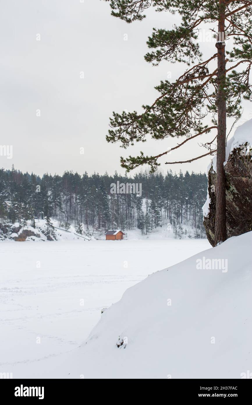Beautiful winter landscape. Frozen lake covered with snow, a bathhouse ...