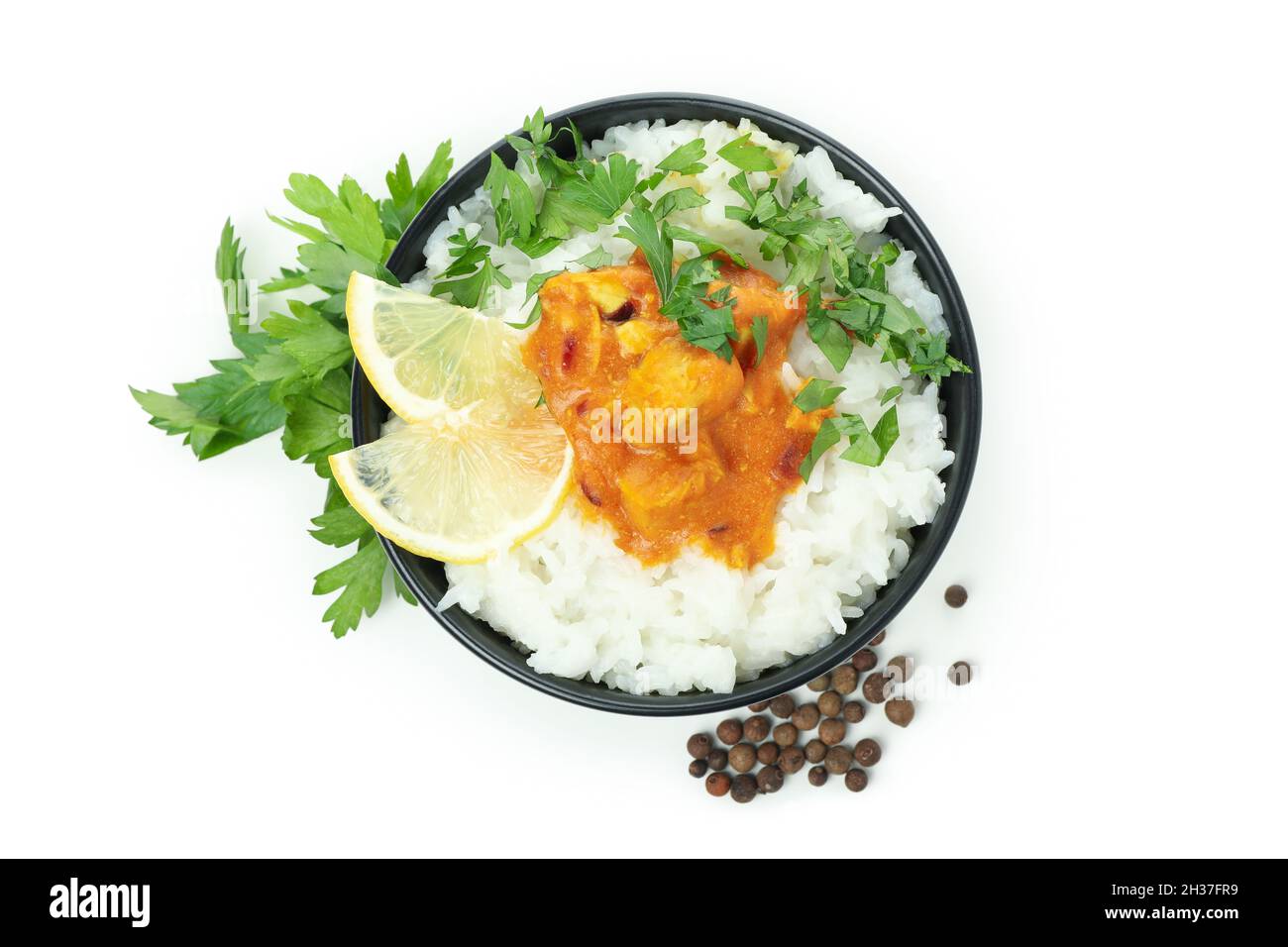 Concept of tasty food with chicken tikka isolated on white background ...