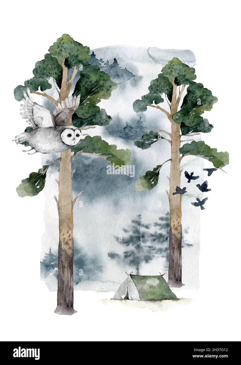 Autumn forest card hand drawn illustrations set. Woody flora and fauna ...