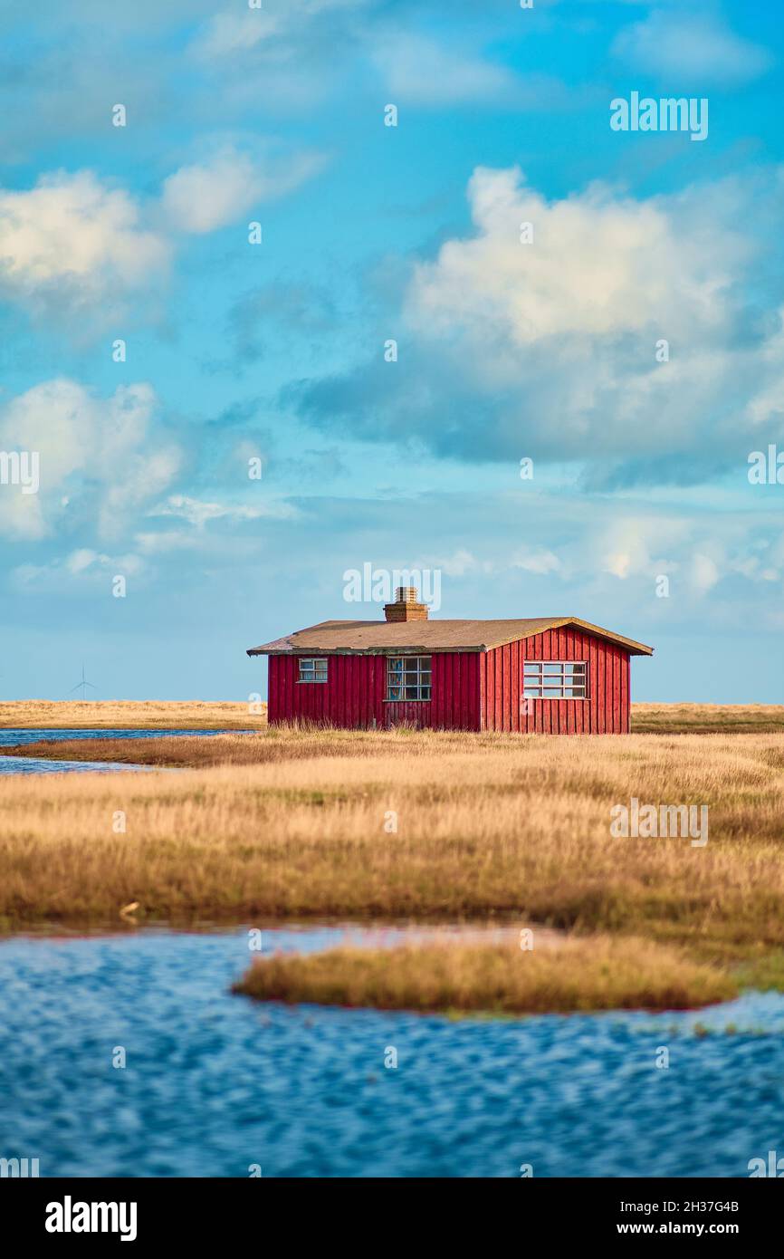 Old red hut standing at the Limfjord in Denmark at a sunny day Stock ...