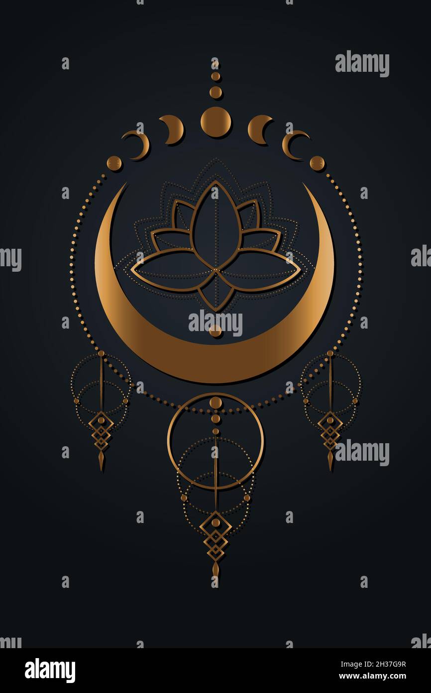 Mystical Moon Phases, Lotus Flower, Sacred geometry. Gold sign, half ...