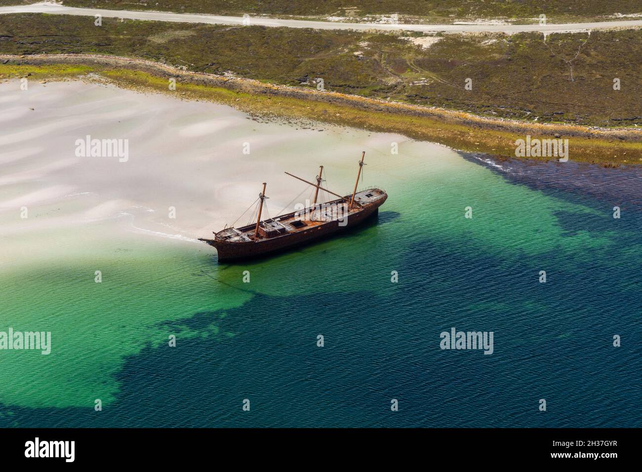 Aerial view of the wreck of the British ship Lady Elizabeth. Stanley ...