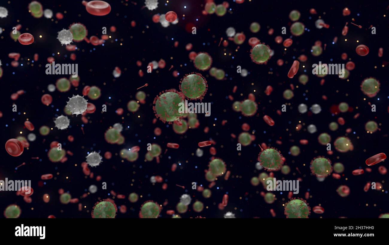 Moving cells of virus and blood on black background. Animation ...