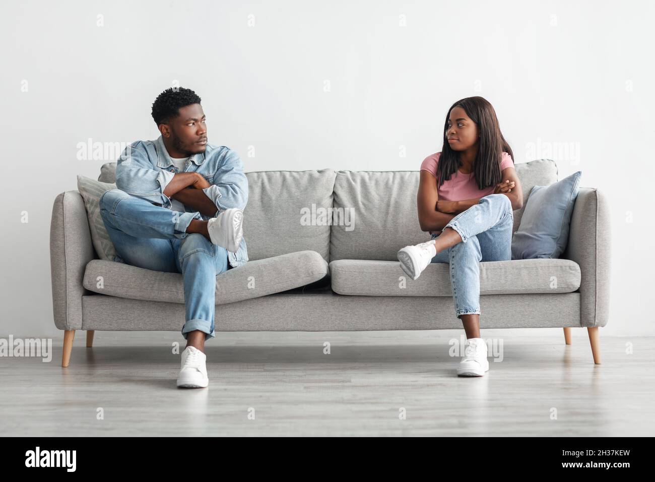 Young Married Black Couple Having Fight Ignoring Each Other Stock