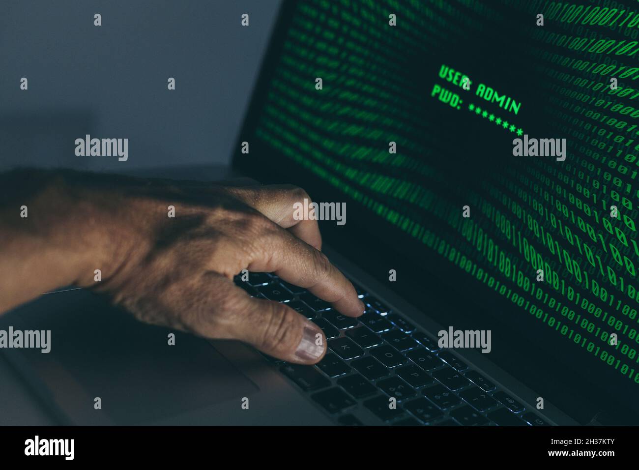 Hand typing on a laptop keyboard green numbers on display. Successful login with credentials ...