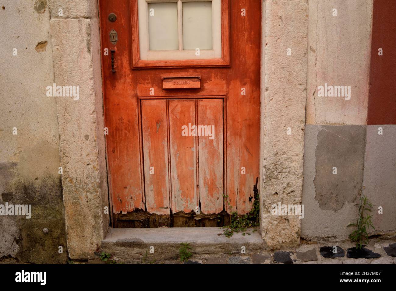 Orange weathered door with moss on the wall Stock Photo - Alamy