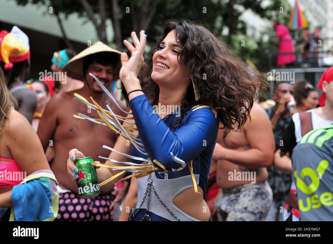 Brazil–February 22, 2020: Costumed revelers get into the Carnival ...