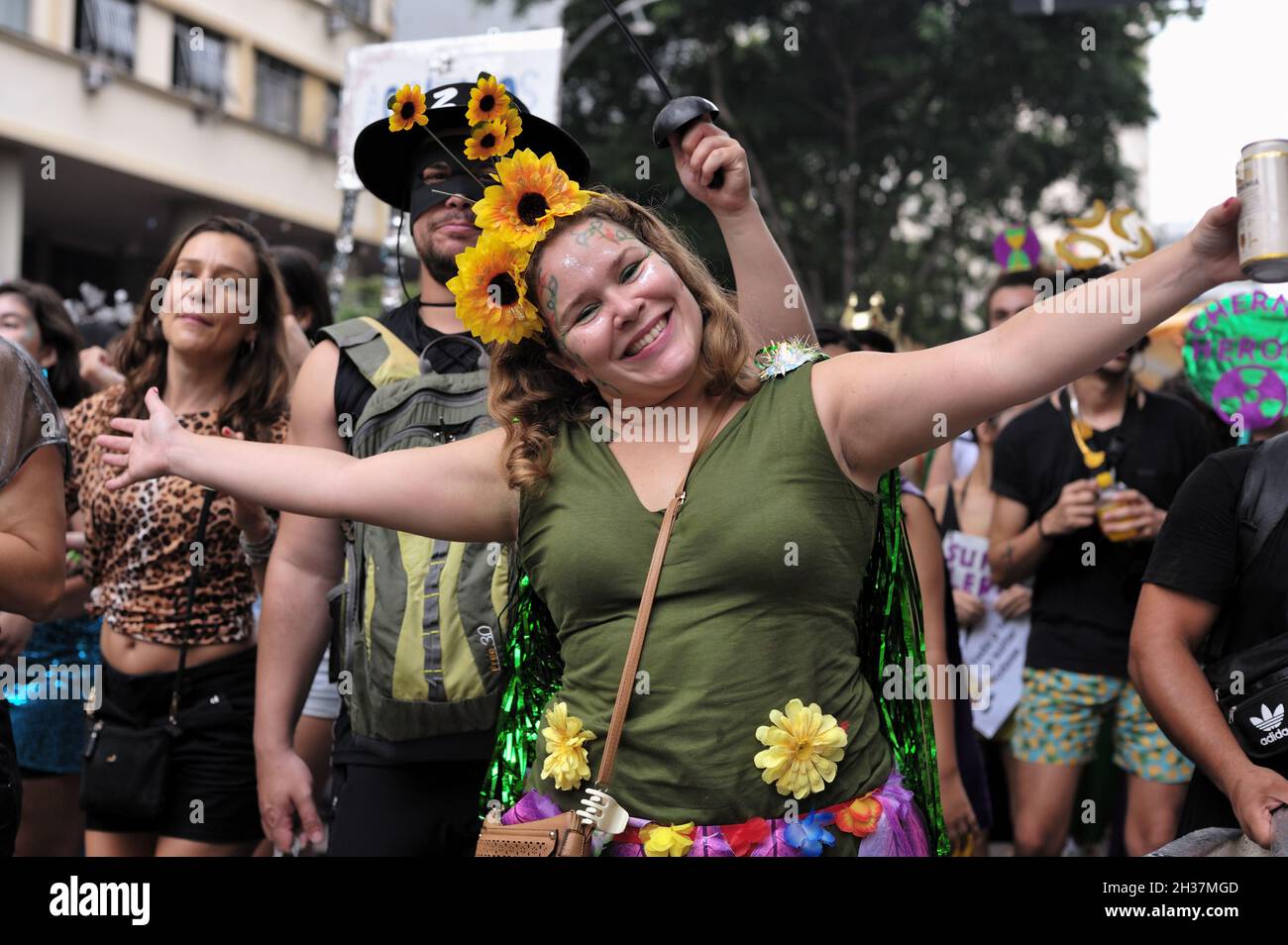 Brazil–February 22, 2020: Costumed revelers get into the Carnival ...