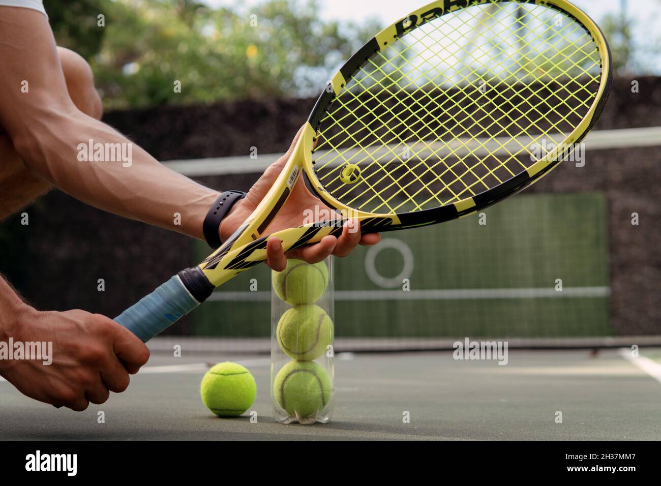 close-up. male hands holding tennis racket and balls. bali Stock Photo ...