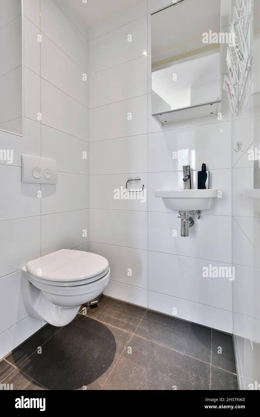 Interior of small clean restroom in miniature style Stock Photo - Alamy