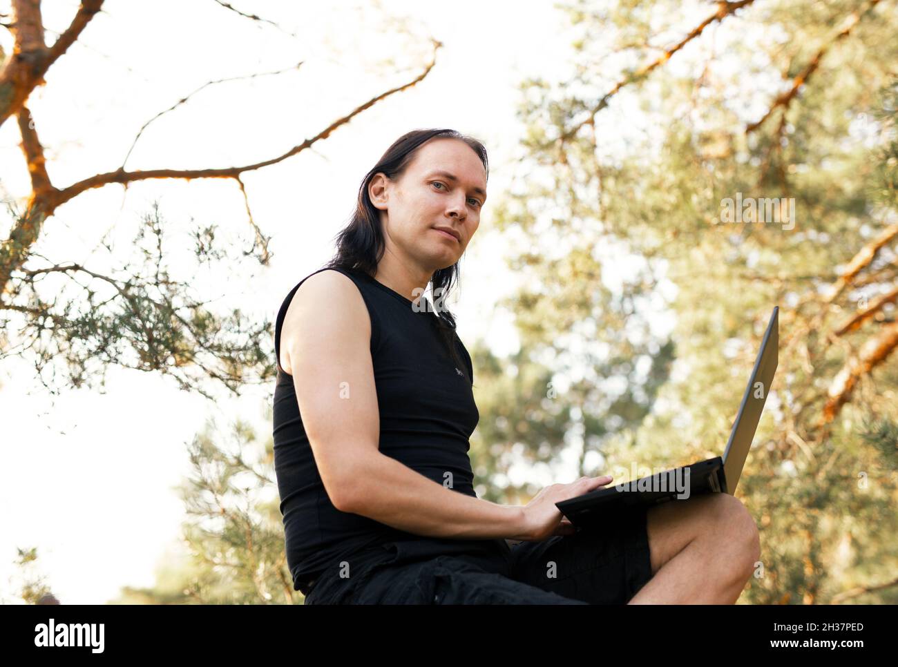 Handsome man sitting on an old tree strain work remotely in nature. Man ...