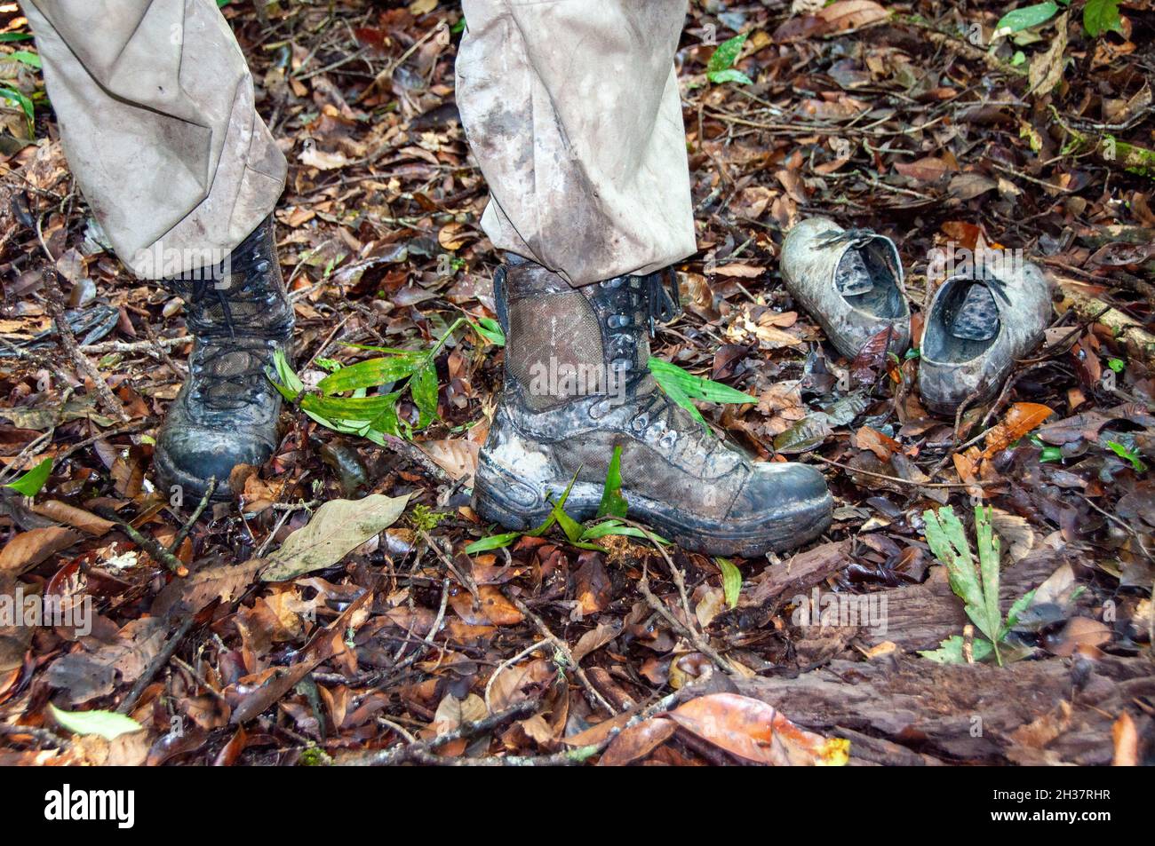 Trapper boots soiled with mud during trekking, Tourist and expedition ...