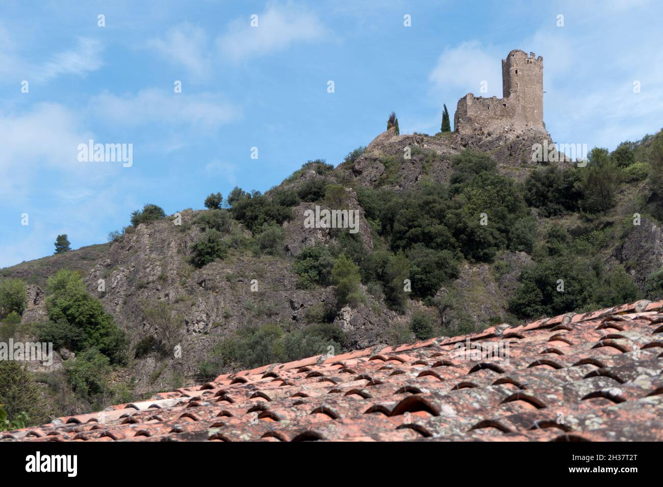 View of Lastours, characteristic old southern French village with ruins ...